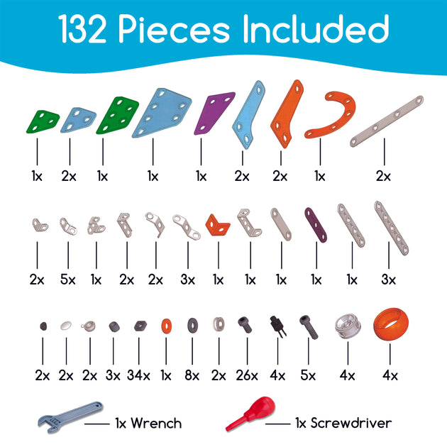 Play Brainy™ 5-in-1 Erector Set – 132 Pieces (Stem Building Kit for Bo